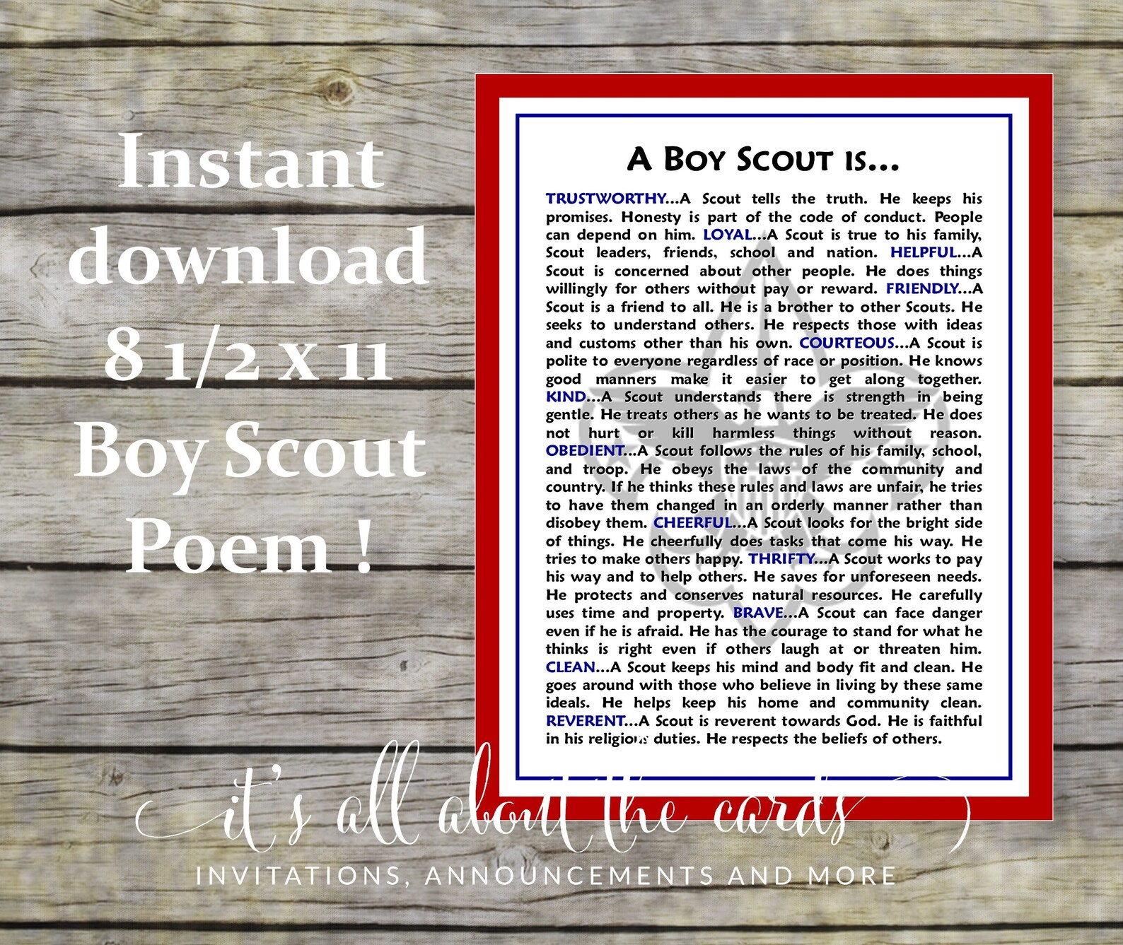 Boy Scout Poem simple Honors Instant Download 8 1/2 X - Etsy