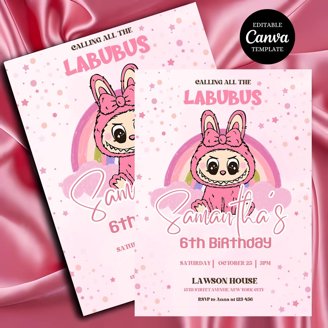 Labubu Pink Birthday Invitation, Labubu Editable Template, Labubu ...