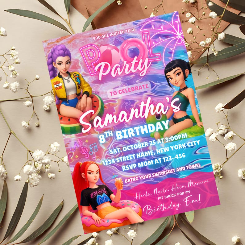 Kpop Demon Hunter Pool Party Invitation | Editable Canva Template ...
