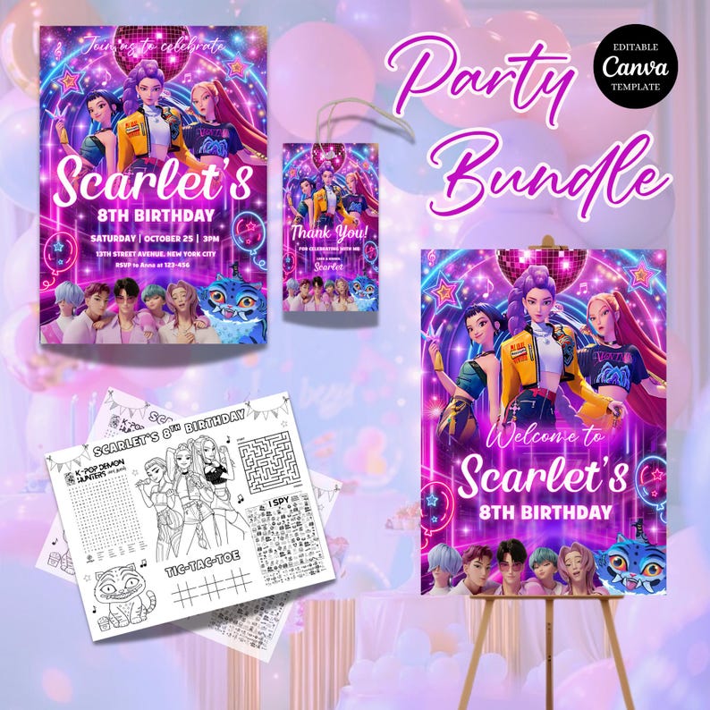 Kpop Demon Hunters Party Bundle, Huntrix Anime Birthday Kit, Editable ...