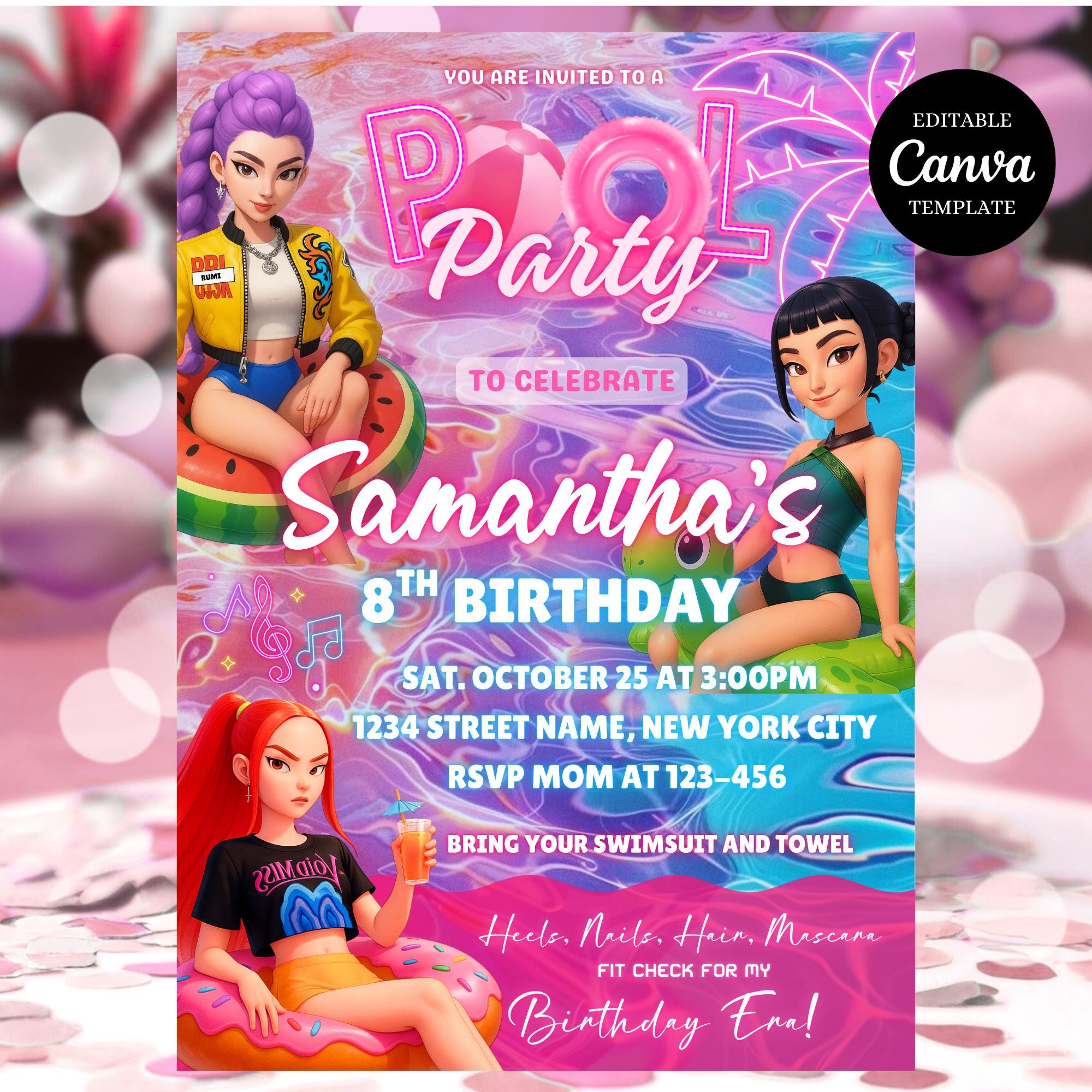 Kpop Demon Hunter Pool Party Invitation | Editable Canva Template ...