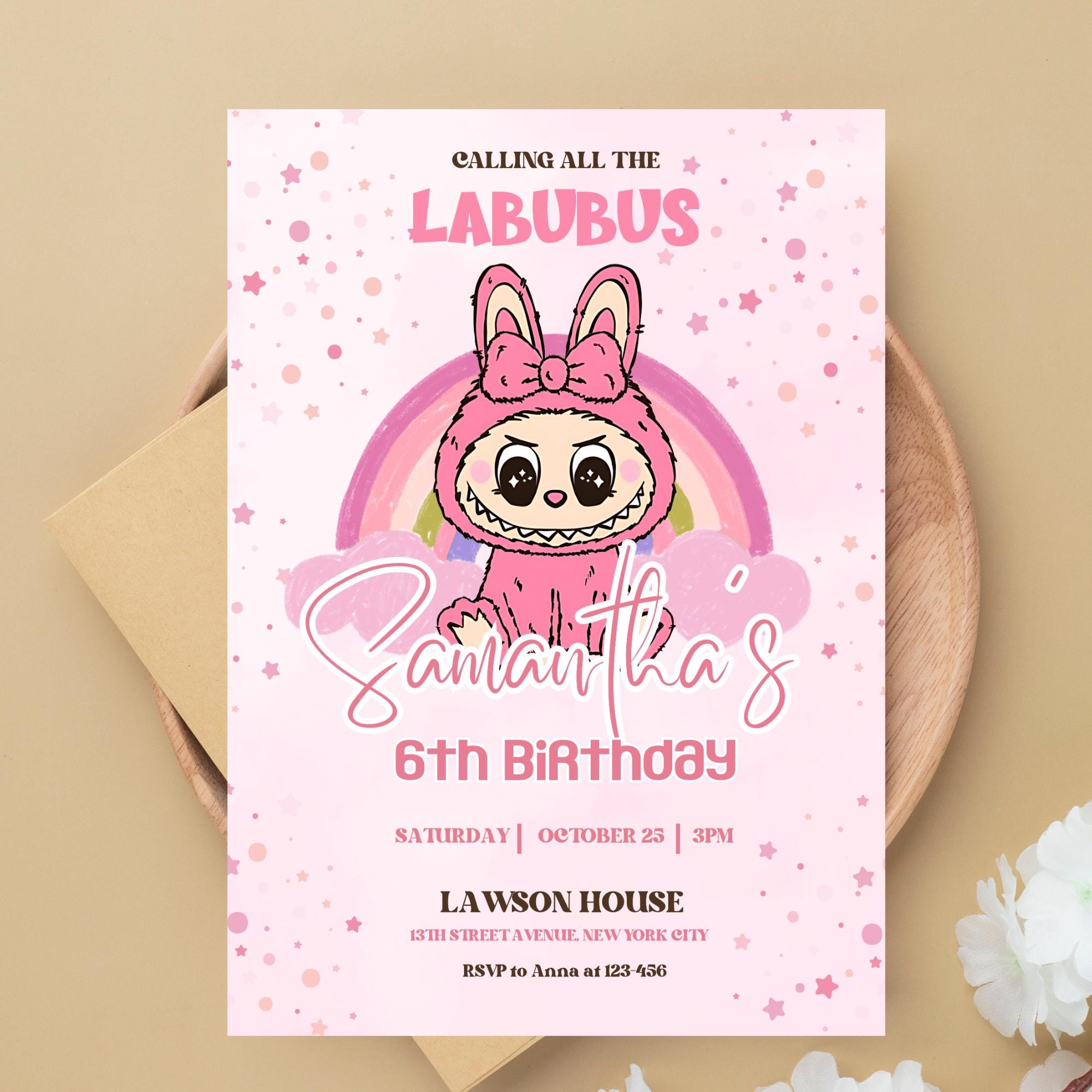 Labubu Pink Birthday Invitation, Labubu Editable Template, Labubu ...