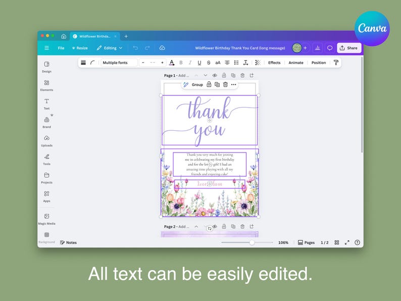Editable Birthday Thank You Card Canva Template, Long Message ...