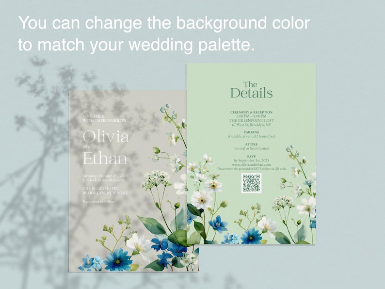 Editable Wedding Invitation Set Canva Template, Botanical Blue ...