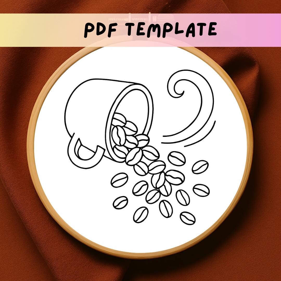 Spilled Coffee Beans Embroidery Pattern, Mug and Beans Hand Embroidery Design, Coffee Stitch ...