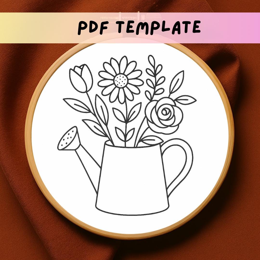 Watering Can Floral Embroidery Pattern, Spring Flower Stitch PDF ...