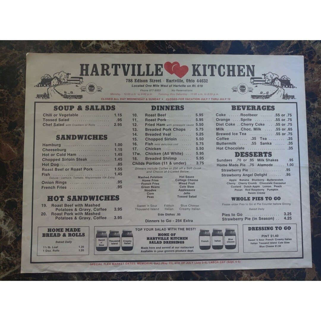 Hartville Kitchen Restaurant Menu Placemat Advertising 1987 - Etsy