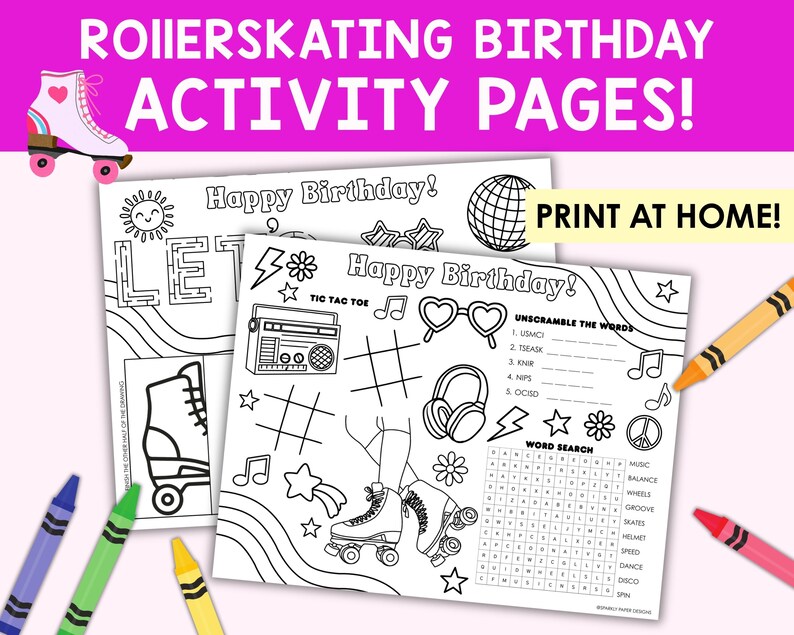 Roller Skating Disco Birthday Coloring Pages | Activity Placemats (PDF ...