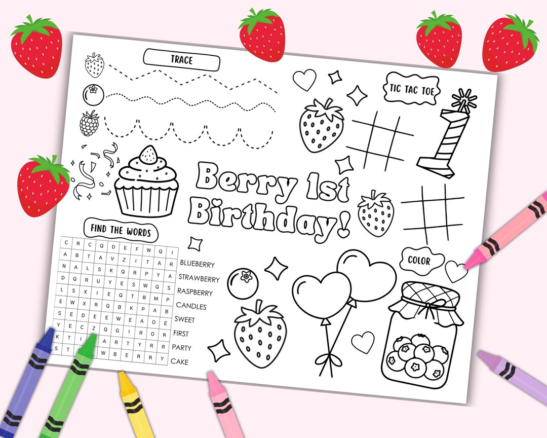 Berry First Birthday Activity Placemat | Strawberry and Blueberry ...