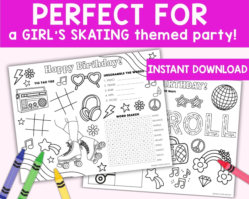Roller Skating Disco Birthday Coloring Pages | Activity Placemats (PDF ...