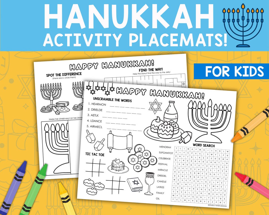 Hanukkah Kids Coloring and Activity Placemat Printable Chanukah Games ...