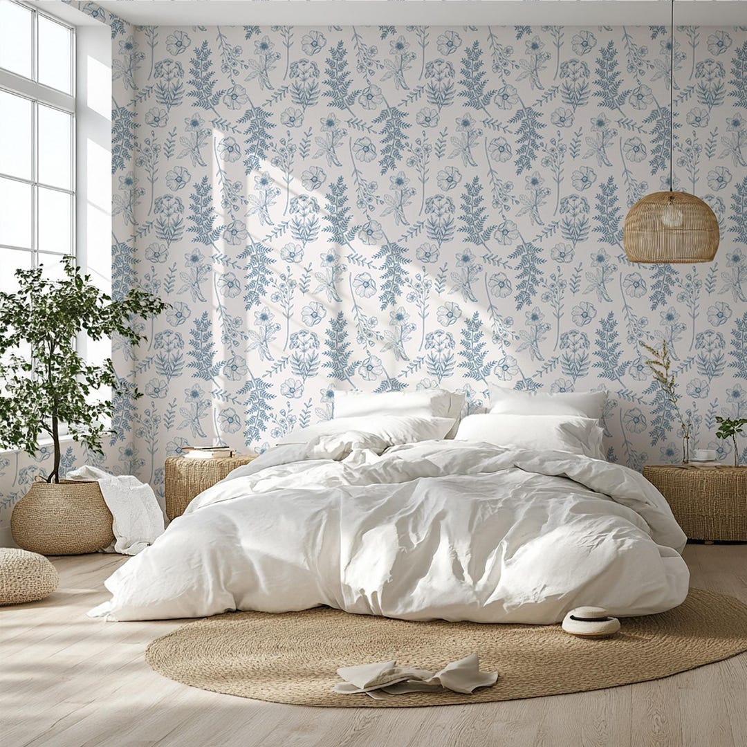 Cottagecore Line Art, Rustic Cottage Print, Blue Floral Vintage ...