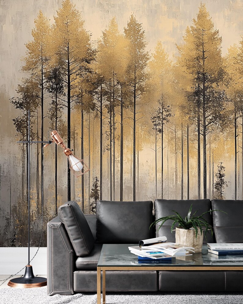 Golden Autumn Tree Forest Wallpaper for Living Bedroom or Entryway ...