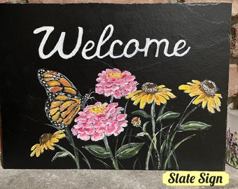 Handpainted Slate Welcome Sign, Floral Welcome Sign, Spring Door Hanger ...