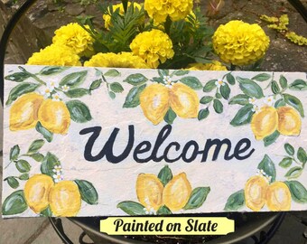 Handpainted Lemon Welcome Sign, Summer Welcome Sign, Painted Slate ...
