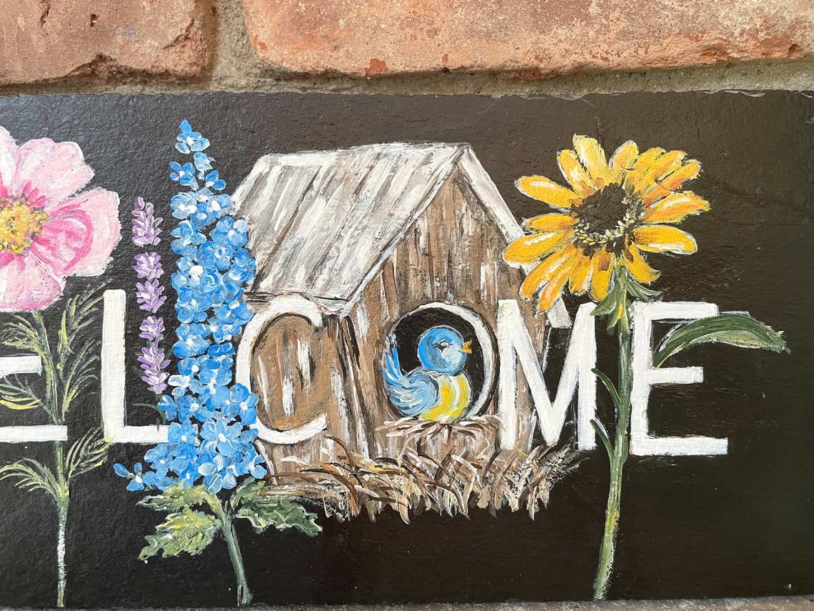 Hand-painted Slate Birdhouse Welcome Sign, Floral Porch Decor, Garden ...