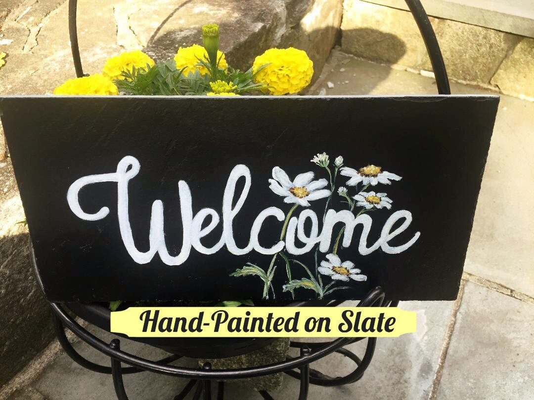 Daisy Welcome Sign, Slate Sign, Porch Welcome Sign, Porch Decor, Floral ...