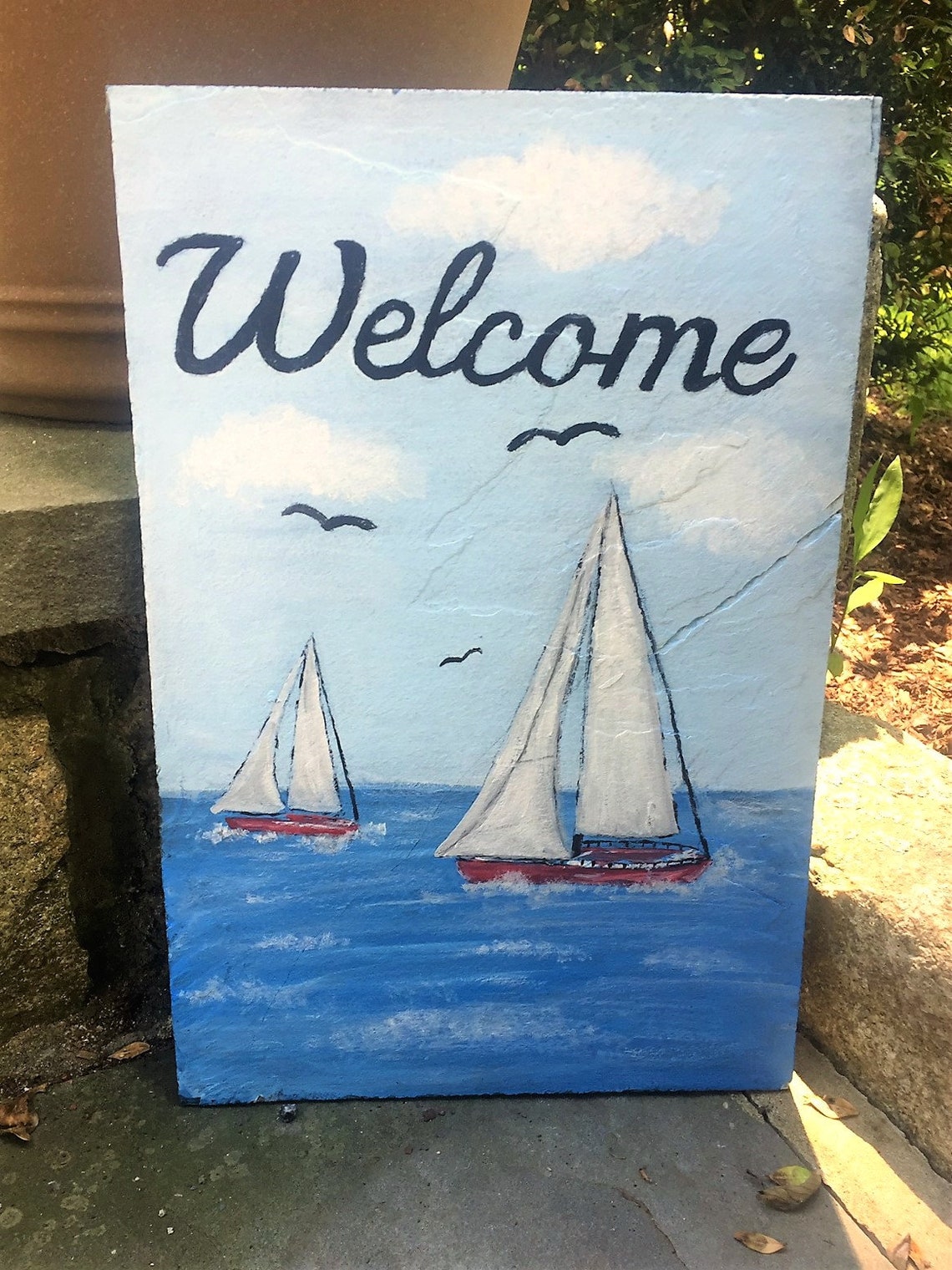 Summer Welcome Sign Painted Slate Sailboat Art Porch Sign | Etsy