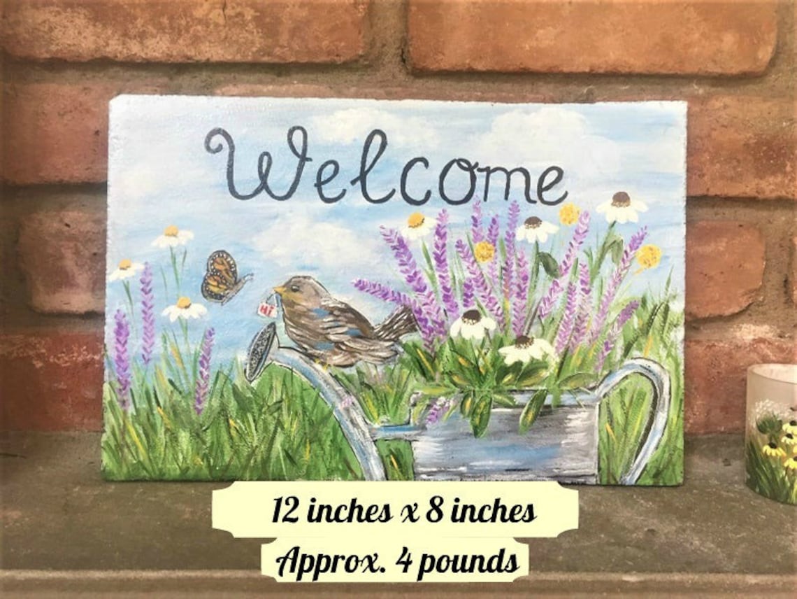 Spring Welcome Sign Painted Slate Front Door Hanger Porch | Etsy