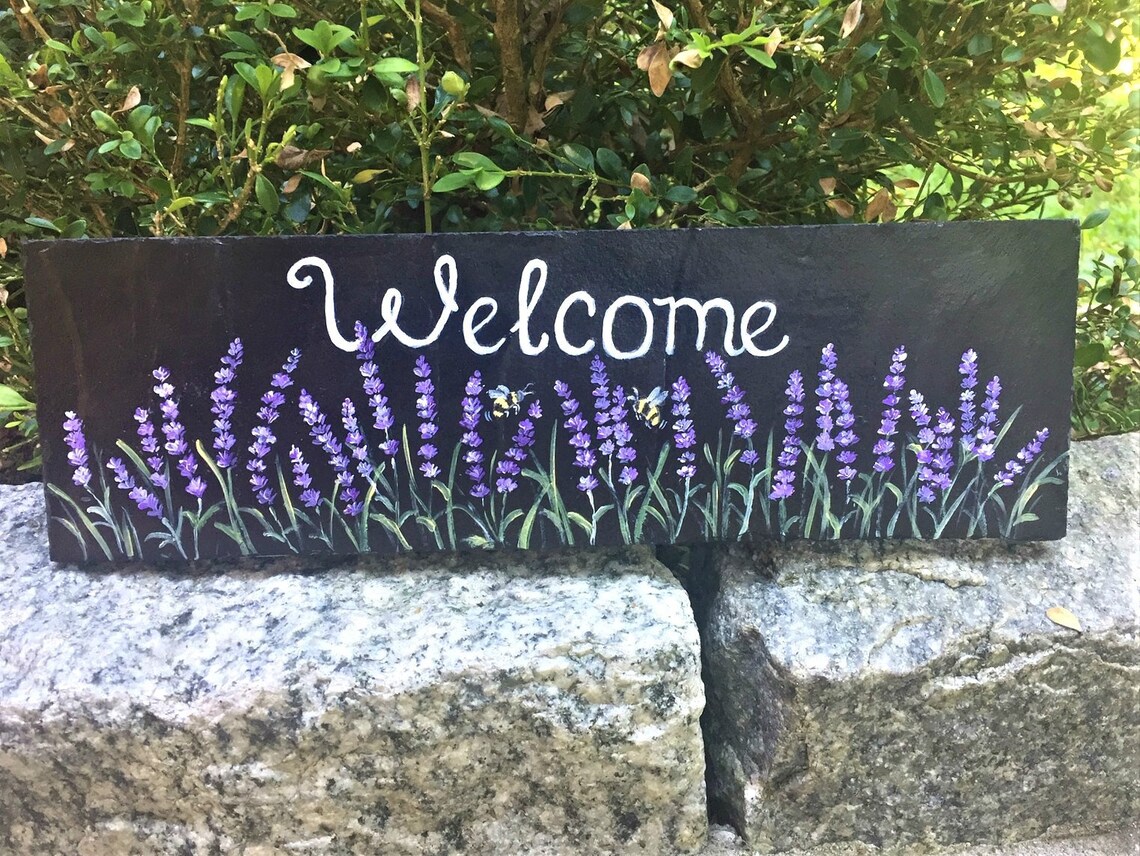 Lavender Flower Welcome Sign Painted Slate Sign Porch Decor | Etsy