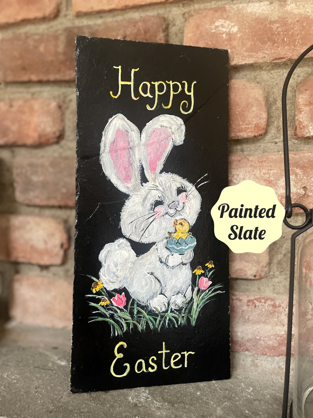 Handpainted Happy Easter Bunny Sign, Painted Slate, Easter Bunny Decor ...