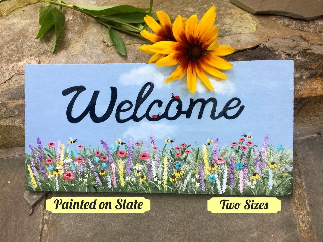 Floral Welcome Sign Spring Door Decor Wildflowers Painted | Etsy