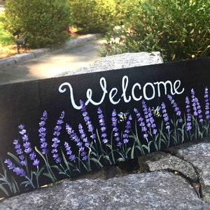 Lavender Flower Welcome Sign, Painted Slate Sign, Porch Decor, Floral ...