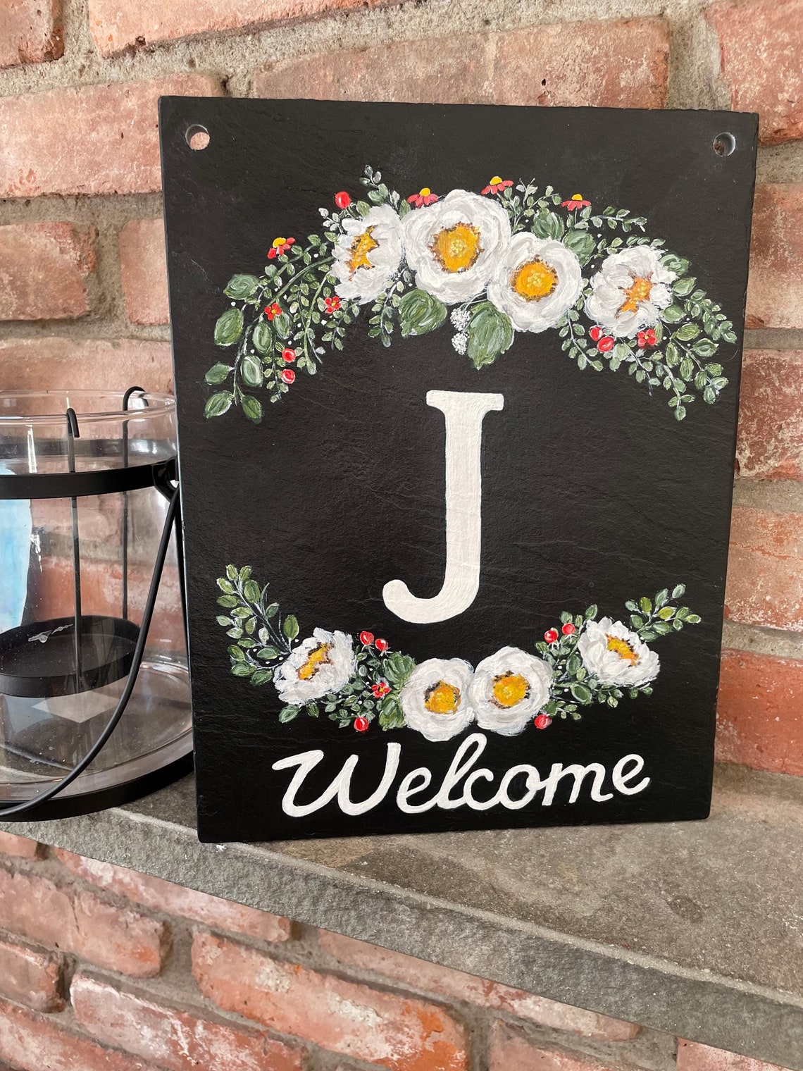 Hand-painted Slate Welcome Sign: Personalized Floral Initial Plaque ...
