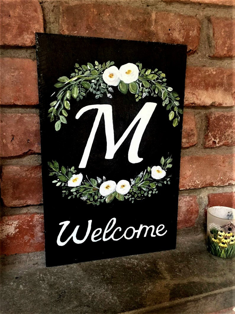 Hand-Painted Personalized Welcome Sign Painted Slate Initial | Etsy