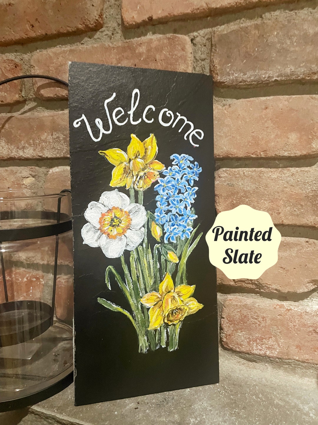 Handpainted Daffodil Slate Welcome Sign, Spring Door Decor, Spring ...
