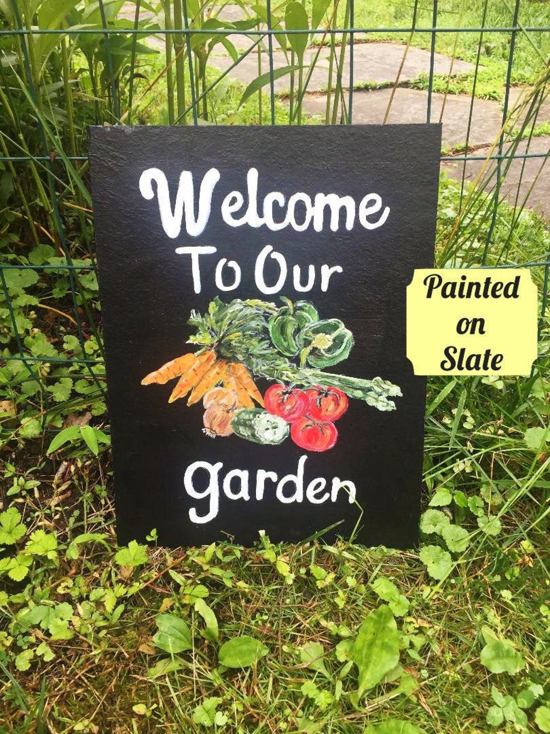 Hand-painted Slate Welcome Garden Sign, Vegetable Art Plaque, Welcome ...