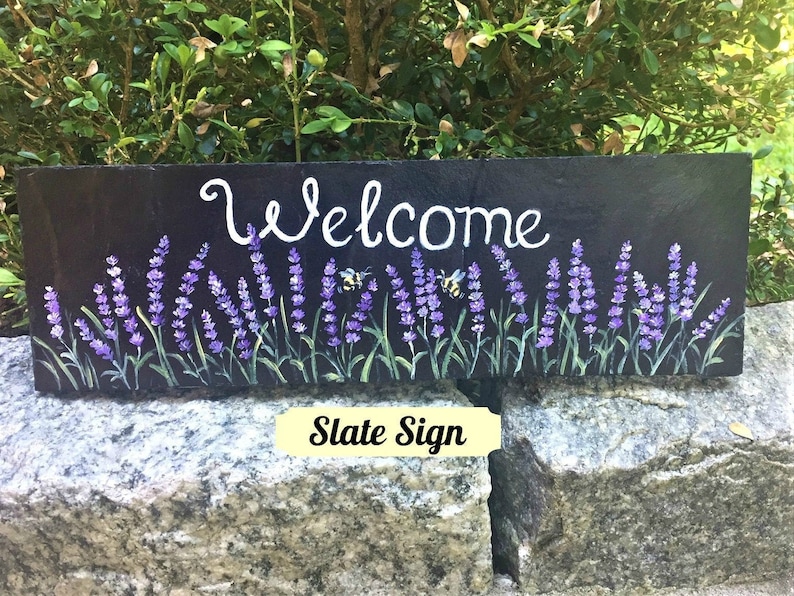 Lavender Flower Welcome Sign Painted Slate Sign Porch Decor | Etsy