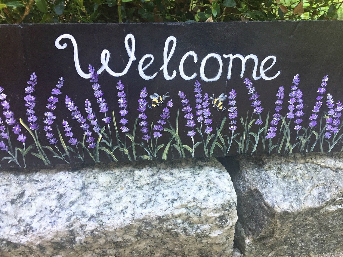 Lavender Flower Welcome Sign Painted Slate Sign Porch Decor | Etsy
