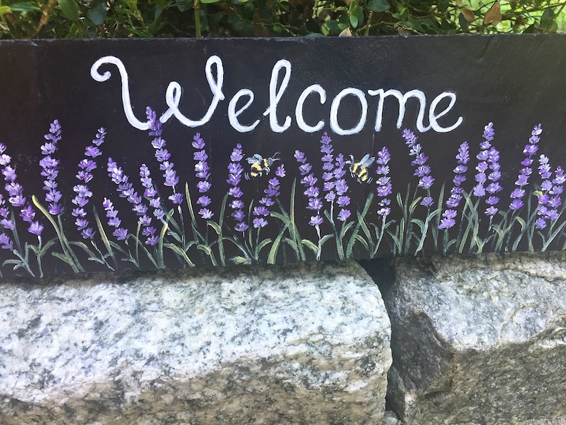 Lavender Flower Welcome Sign Painted Slate Sign Porch Decor | Etsy