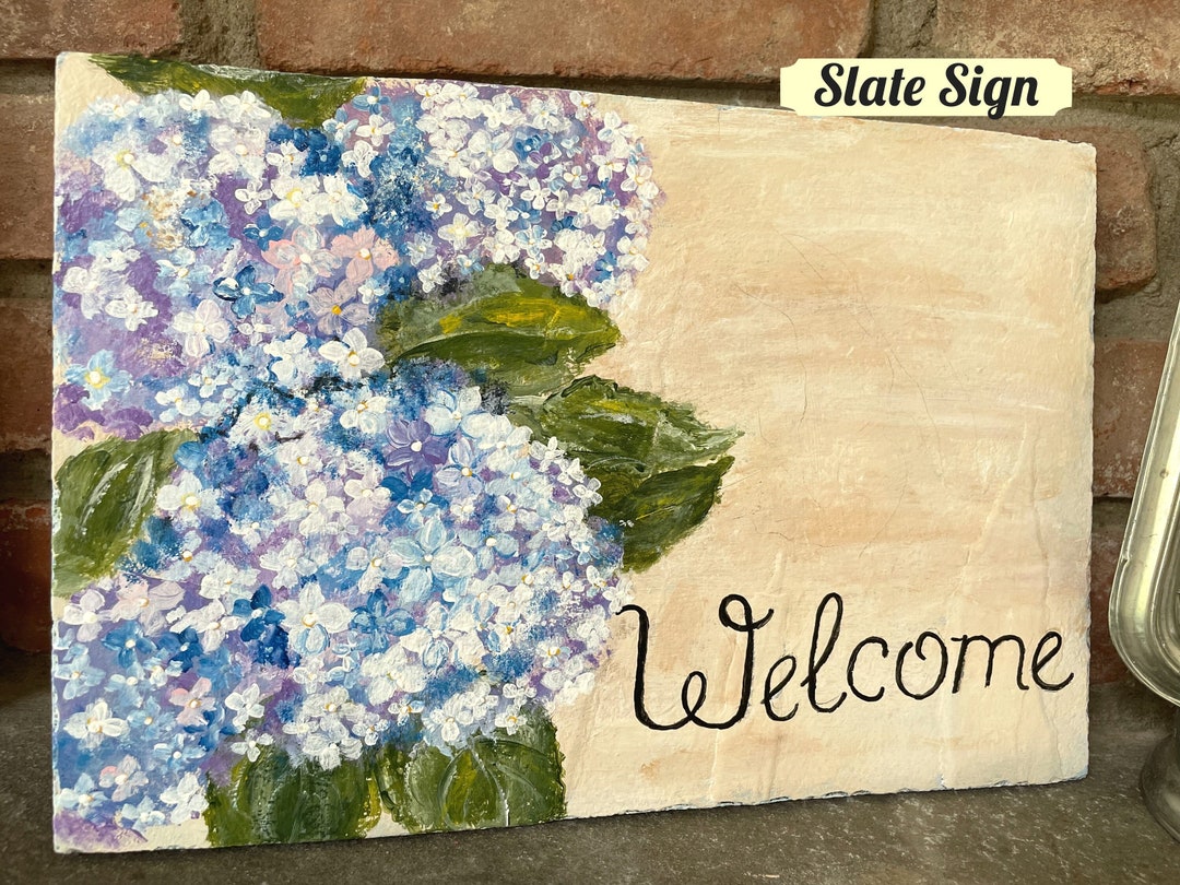 Hydrangea Welcome Sign, Spring Slate Sign, Porch Welcome Sign, Front ...