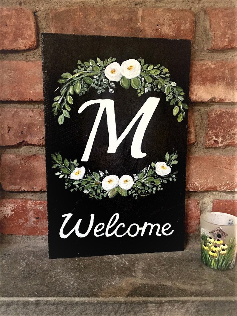Hand-Painted Personalized Welcome Sign Painted Slate Initial | Etsy