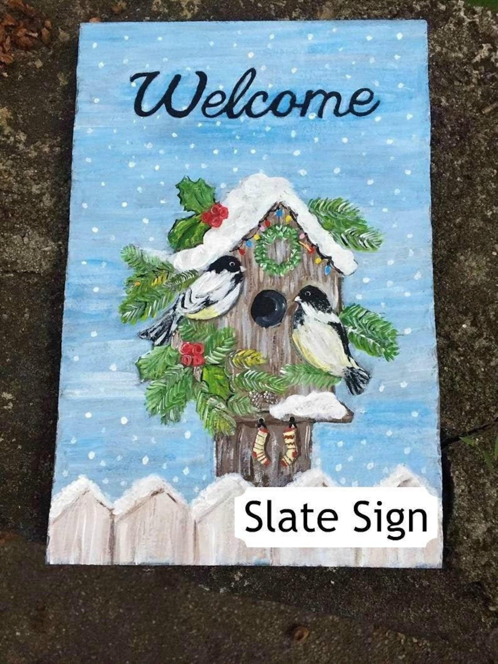 Winter Welcome Sign Birds in Snow Painted Slate Christmas | Etsy