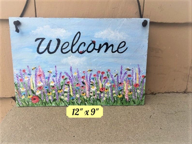 Floral Welcome Sign Spring Door Decor Wildflowers Painted | Etsy