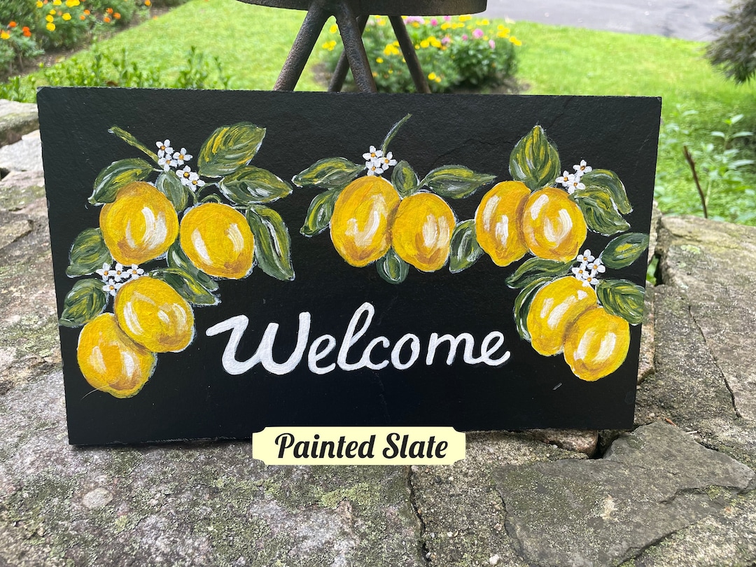 Handpainted Lemon Welcome Sign, Summer Welcome Sign, Painted Slate ...