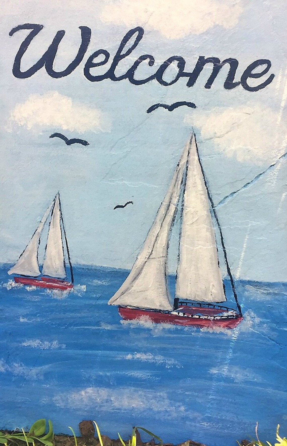 Summer Welcome Sign Painted Slate Sailboat Art Porch Sign | Etsy