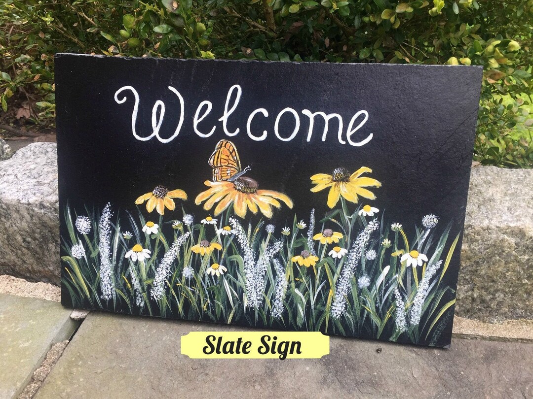 Handpainted Slate Welcome Sign, Floral Welcome Sign, Spring Door Hanger ...