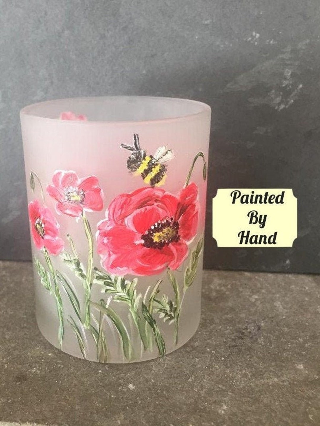 Handpainted Poppy Candle Holder, Glass Candle Holders, Votive Holder ...