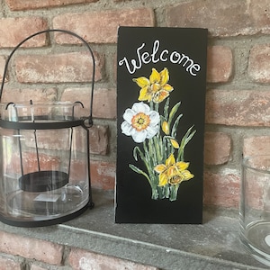 Handpainted Daffodil Slate Welcome Sign, Floral Door Hanger, Welcome ...