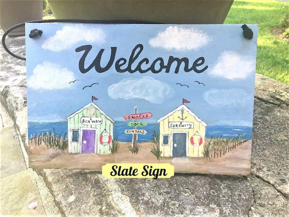Summer Welcome Sign Beach Huts Sign Painted Slate Sign | Etsy