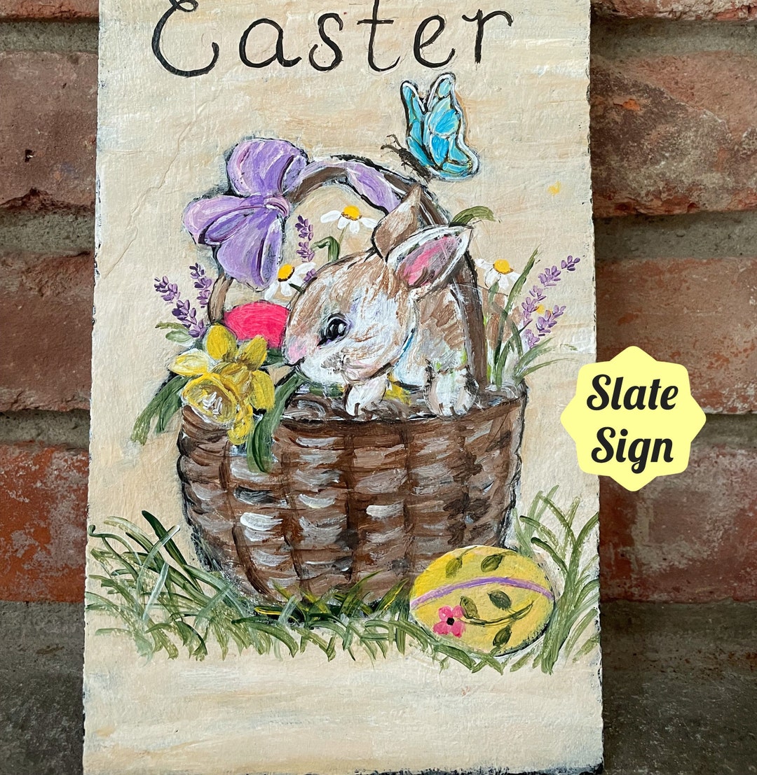 Handpainted Easter Slate Sign, Bunny & Basket Decor, Easter Decor ...
