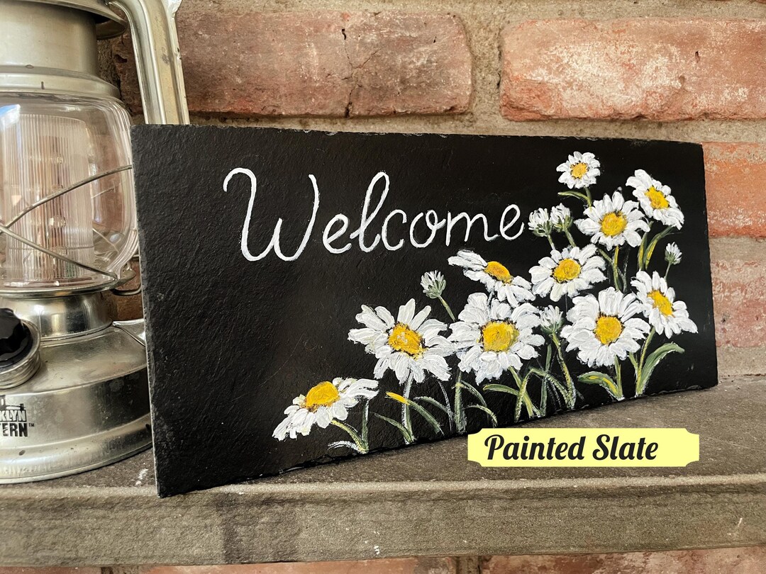 Painted Daisies Slate, Welcome Door Hanger, Porch Decor, Floral Welcome Sign, Deck Decor, Garden ...
