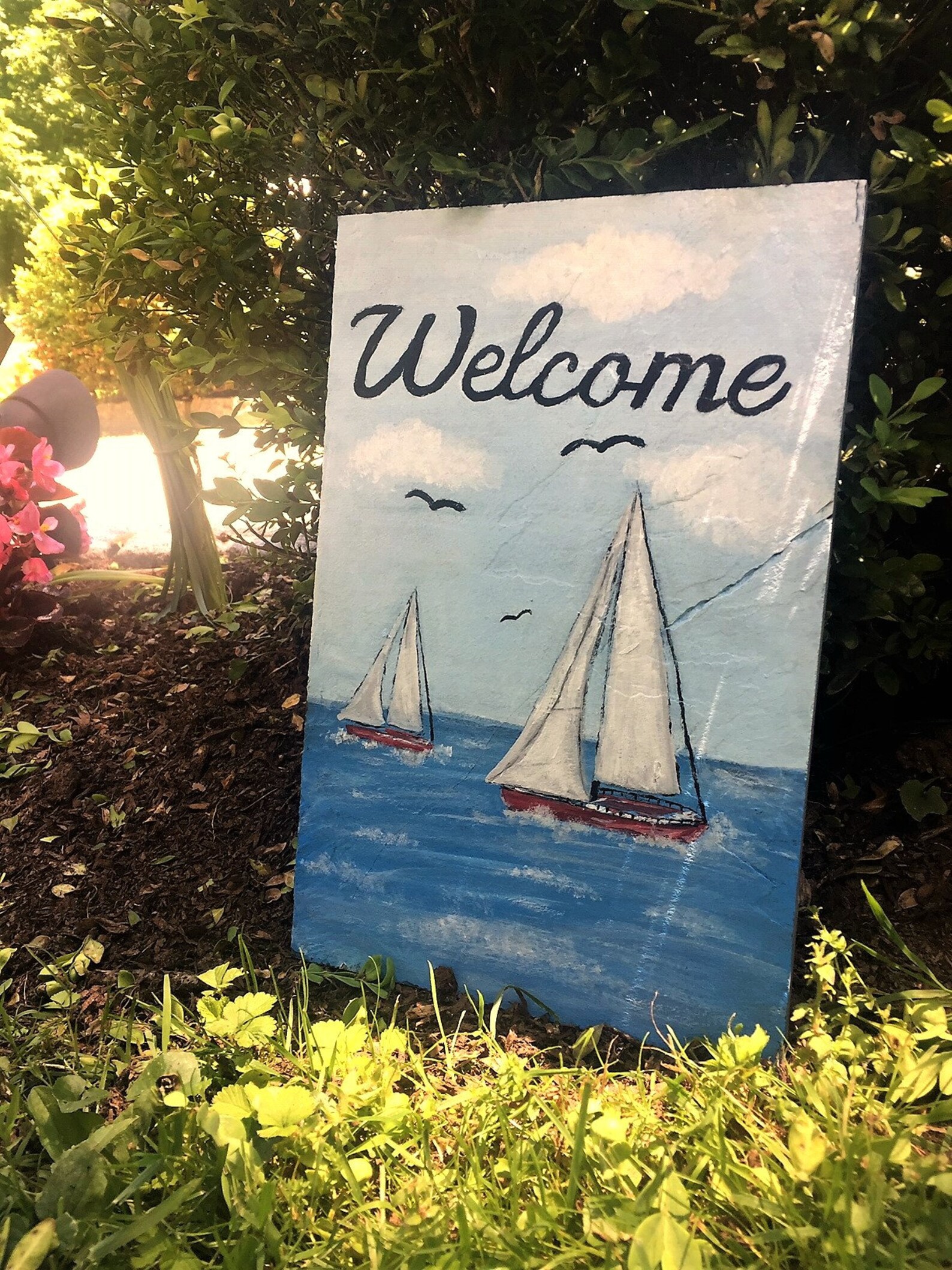 Summer Welcome Sign Painted Slate Sailboat Art Porch Sign | Etsy