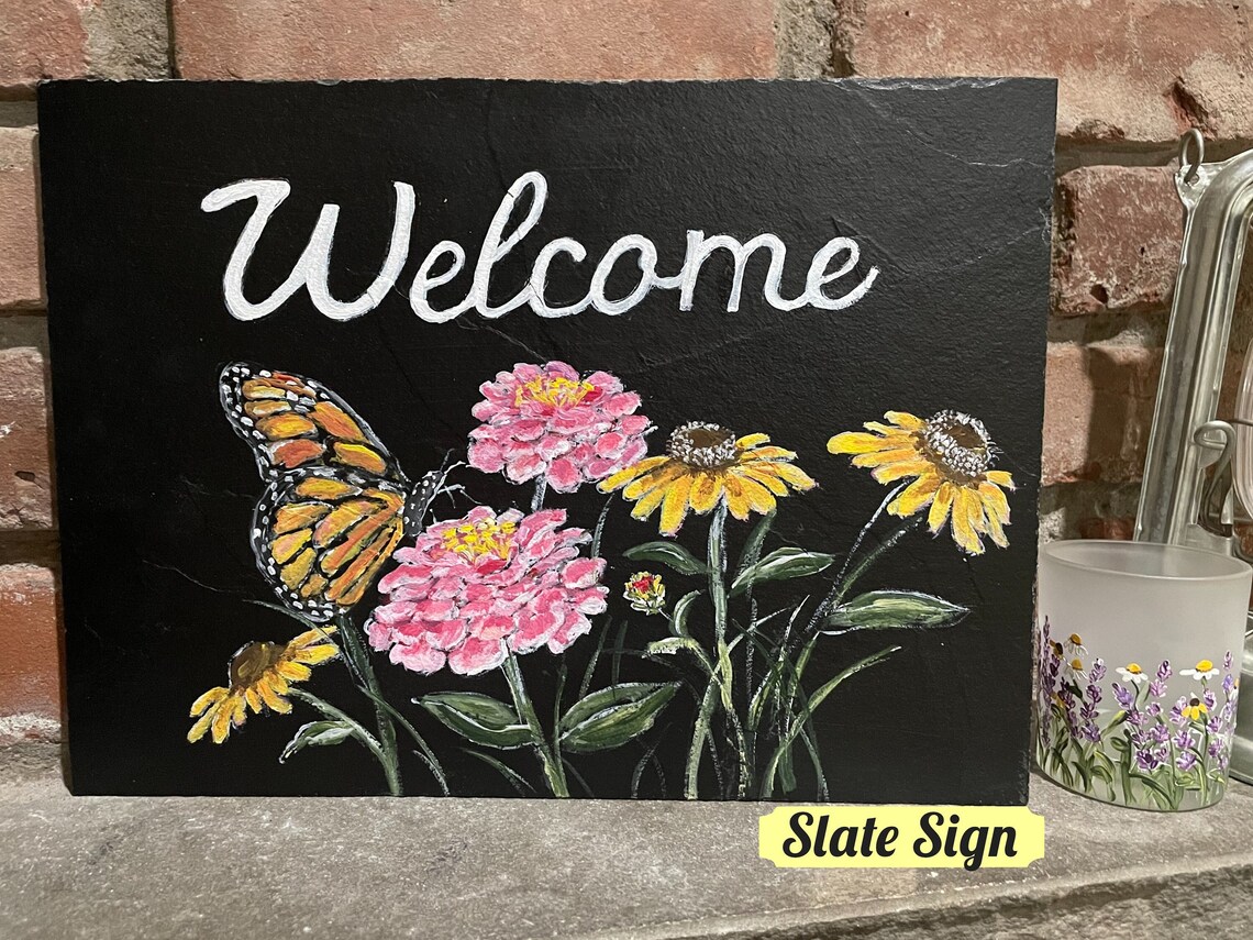 Slate Welcome Sign Floral Welcome Sign Porch Sign Porch - Etsy