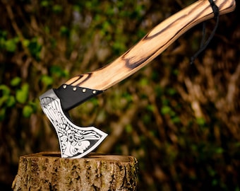 Hand-forged Viking Axe | Functional Norse Bearded Axe With Engraved Carbon Steel Head | Leather ...