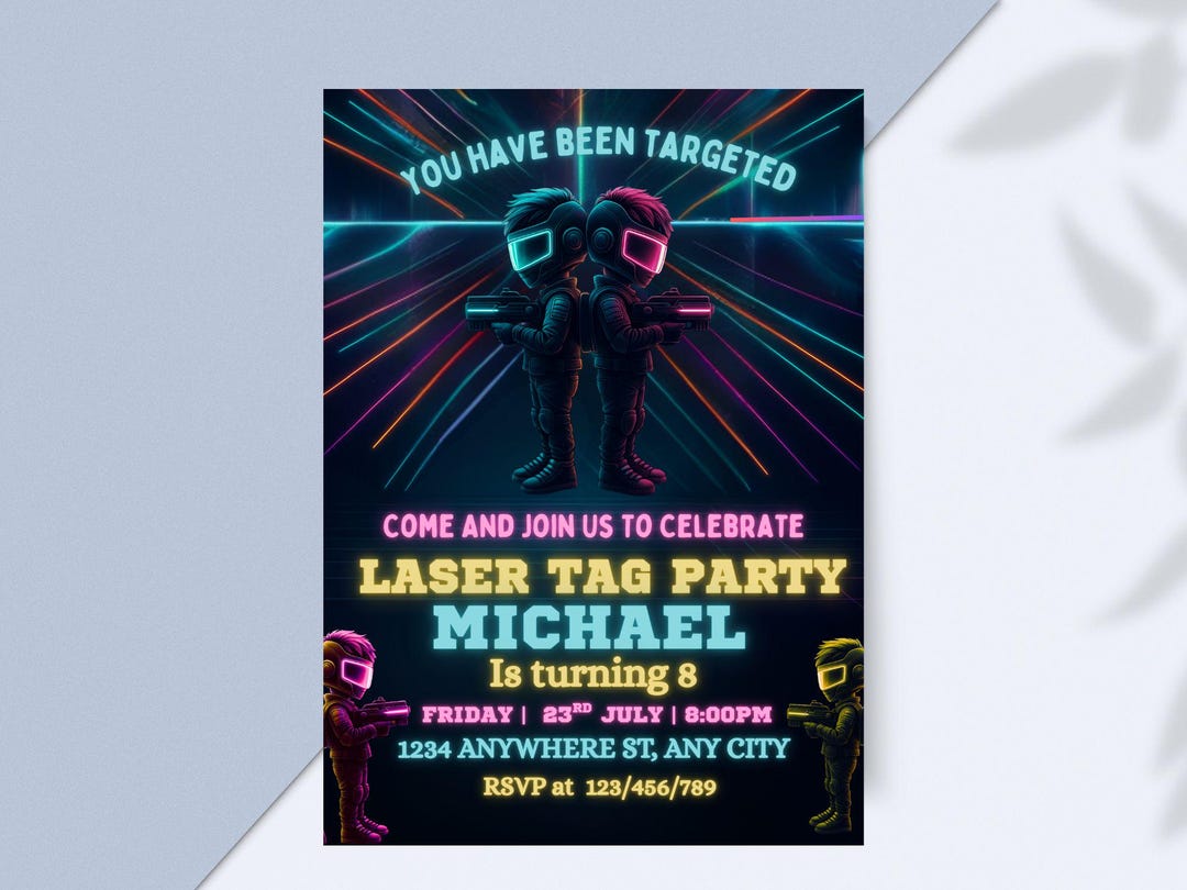 Editable Laser Tag Birthday Invitation: Neon Glow Party (digital ...